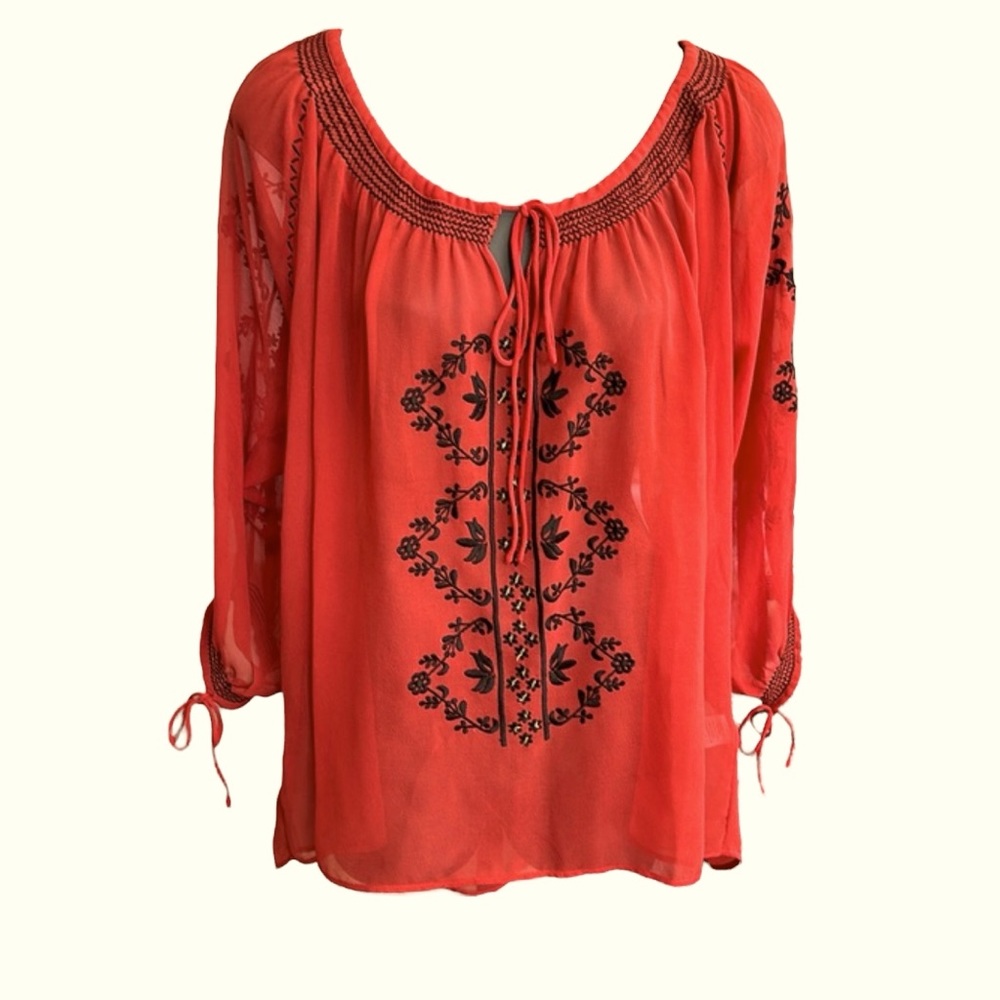 Willow & Clay Sheer Deep Red With Black Embroidery To… - Gem